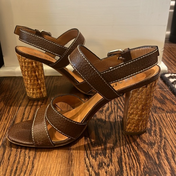 Prada | Shoes | Prada Tan Leather Sandal With Woven Wicker Heel | Poshmark